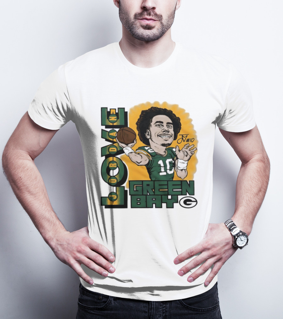 Green Bay Packers Jordan Love Caricature Player Number 10 Football T-Shirt
