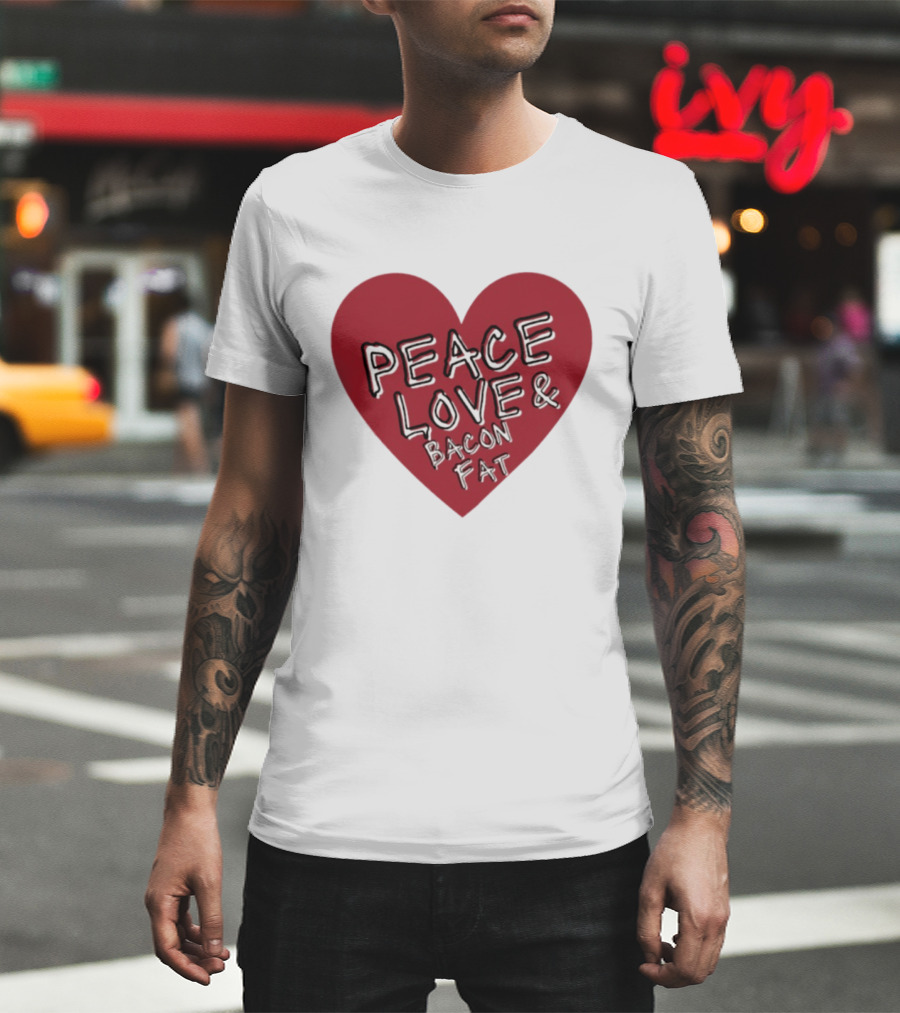 Peace Love And Bacon Fat Heart Shape Red T-Shirt
