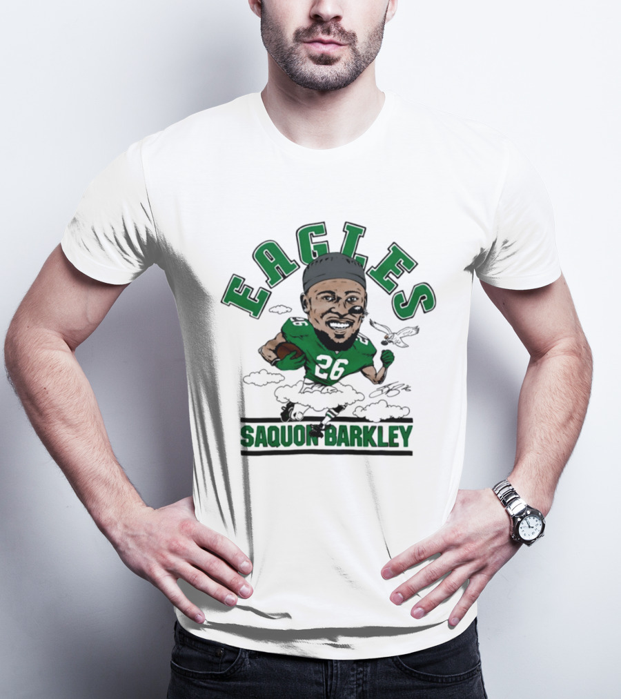 Eagles Saquon Barkley 26 Caricature Player Running Clouds T-Shirt