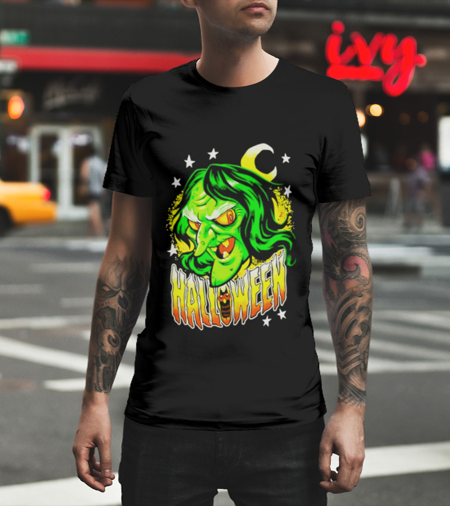 Halloween Witch Green Face Crescent Moon And Stars T-Shirt