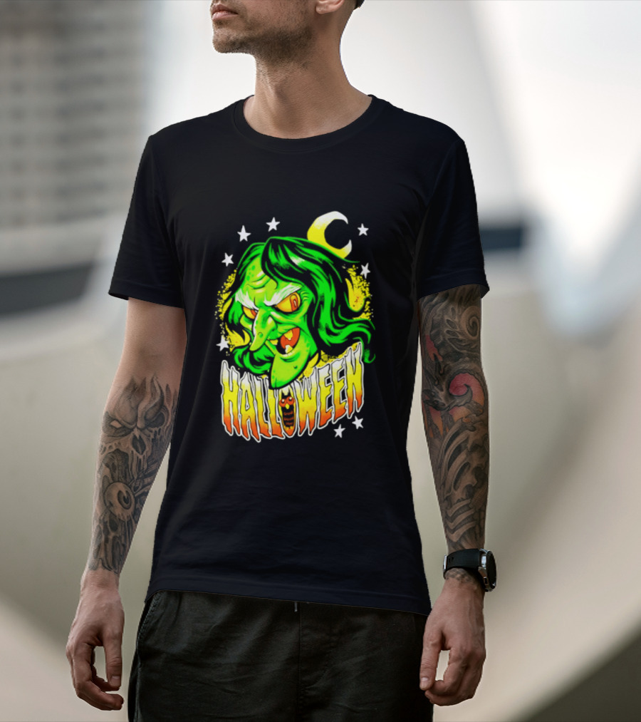 Halloween Witch Green Face Crescent Moon And Stars T-Shirt