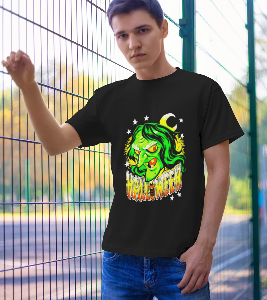 Halloween Witch Green Face Crescent Moon And Stars T-Shirt