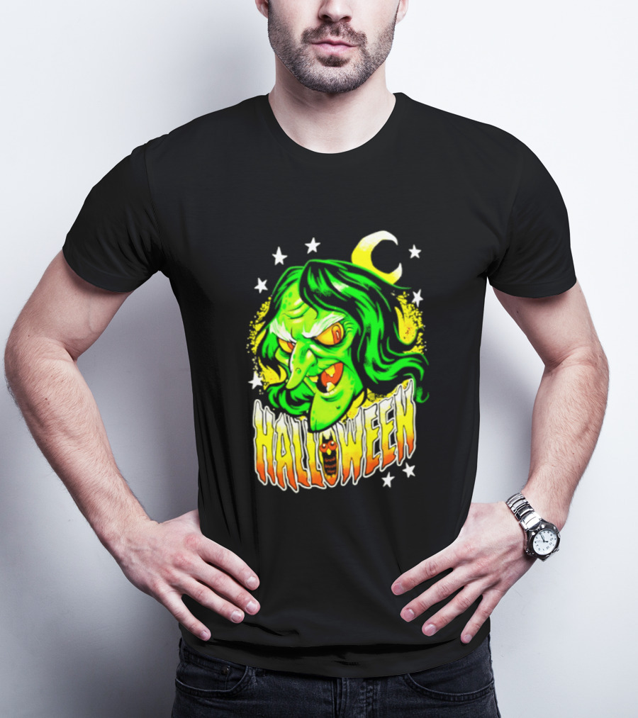 Halloween Witch Green Face Crescent Moon And Stars T-Shirt