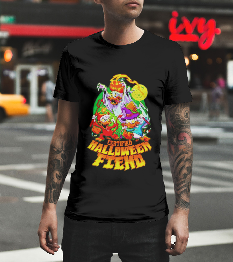 Certified Halloween Fiend Donald Duck Huey Dewey Louie Ghost Witch Devil Moon Scene T-Shirt
