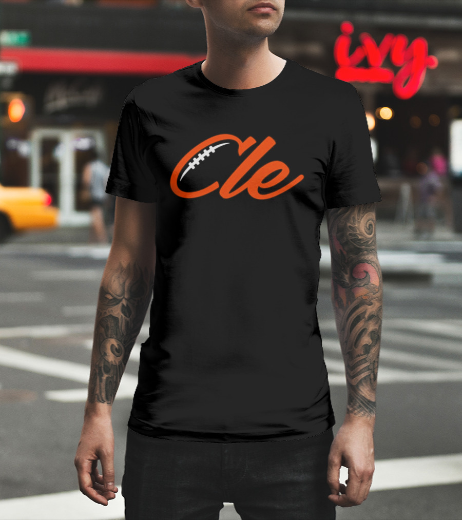 Cleveland Browns Cle Football Team Cle Script Text With Football Stitching T-Shirt