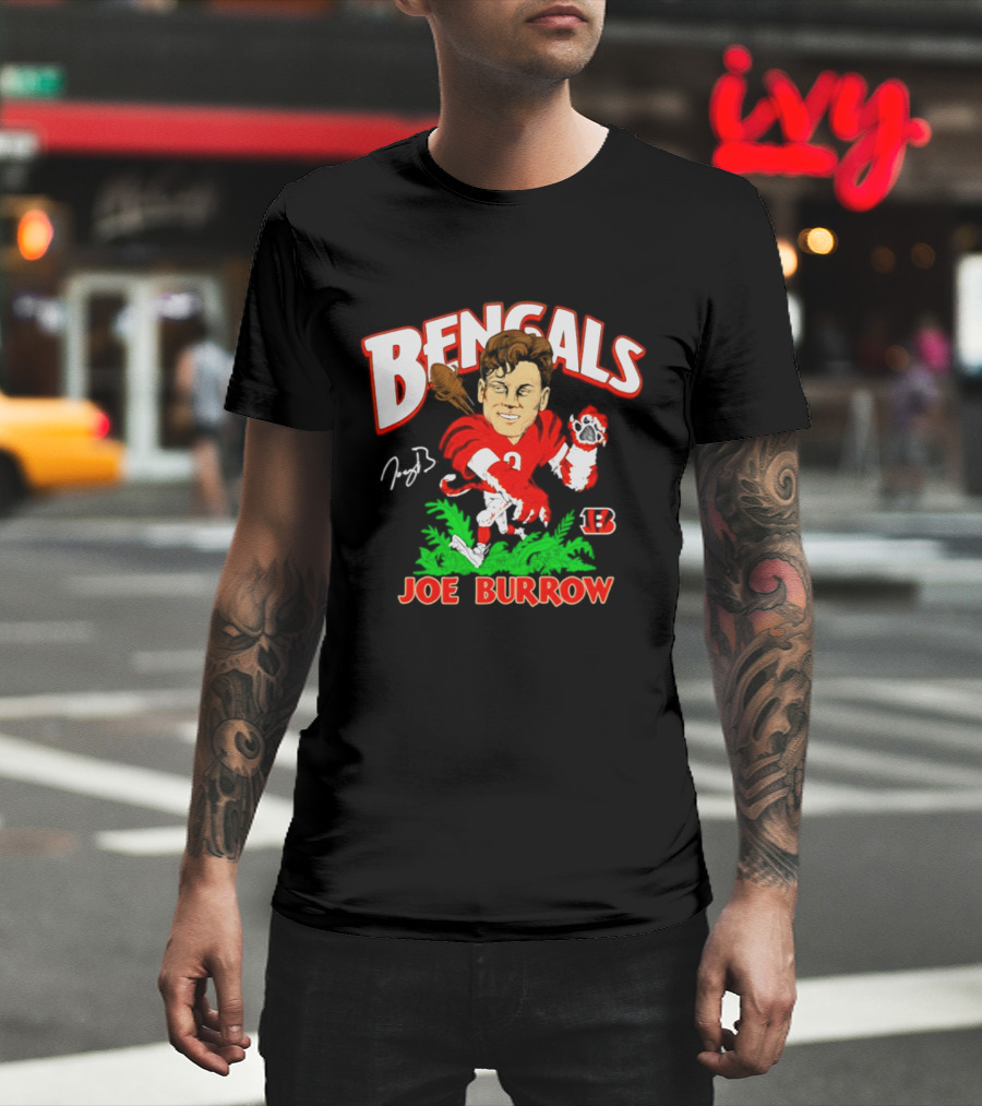 Bengals Joe Burrow Cartoon Signature B Football Player T-Shirt