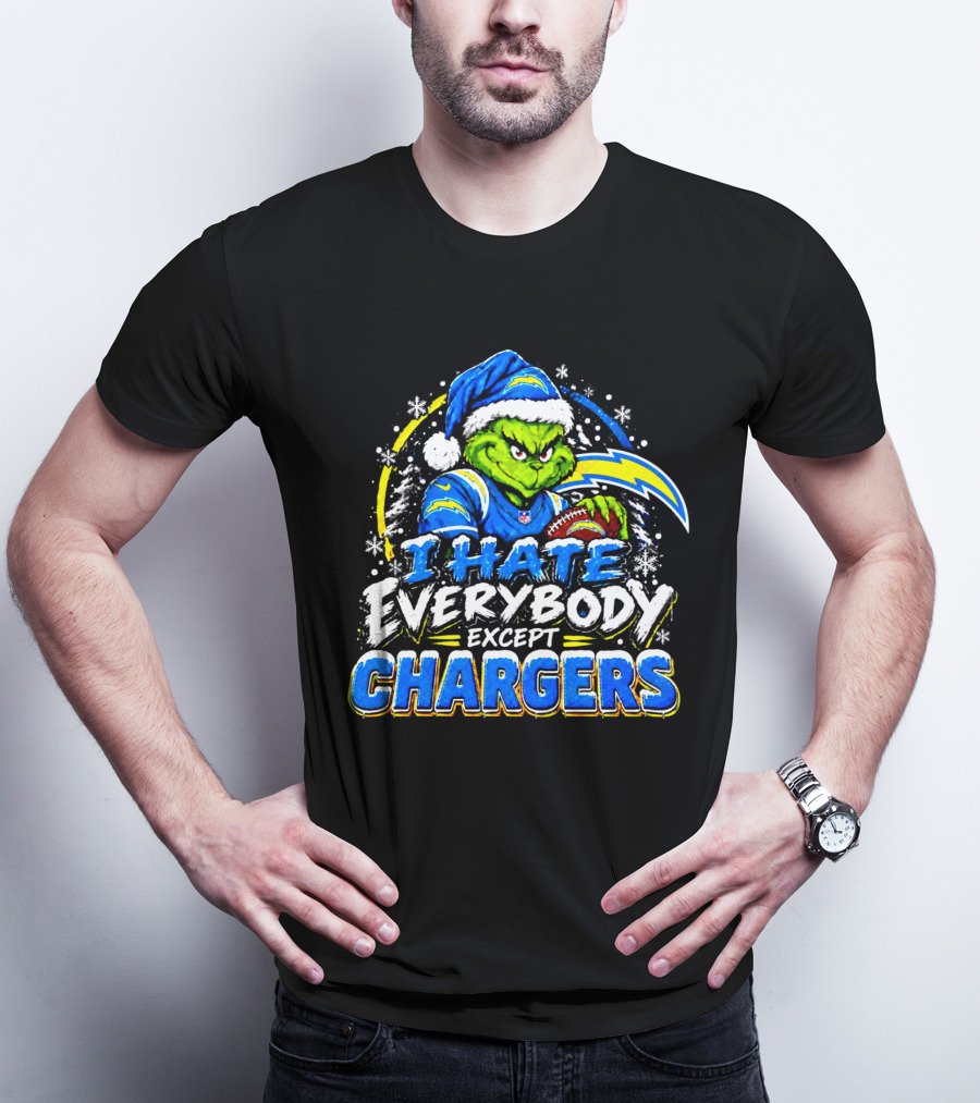 Los Angeles Chargers Grinch Christmas I Hate Everybody Except Chargers Fans Holiday T-Shirt