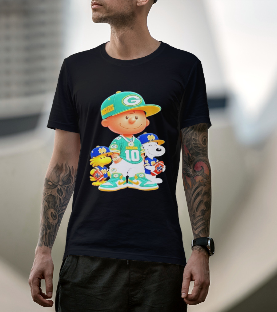 Peanuts Green Bay Packers Notre Dame Fighting Irish Football Characters Charlie Brown Snoopy Woodstock T-Shirt