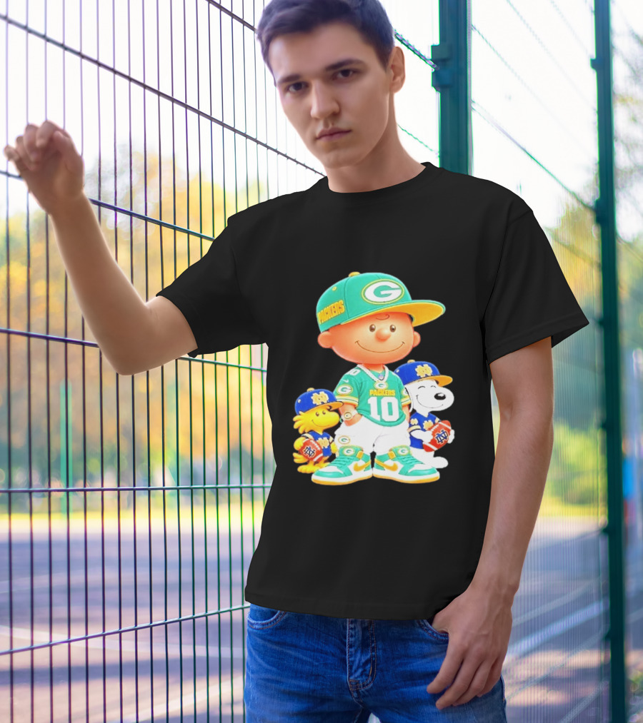 Peanuts Green Bay Packers Notre Dame Fighting Irish Football Characters Charlie Brown Snoopy Woodstock T-Shirt
