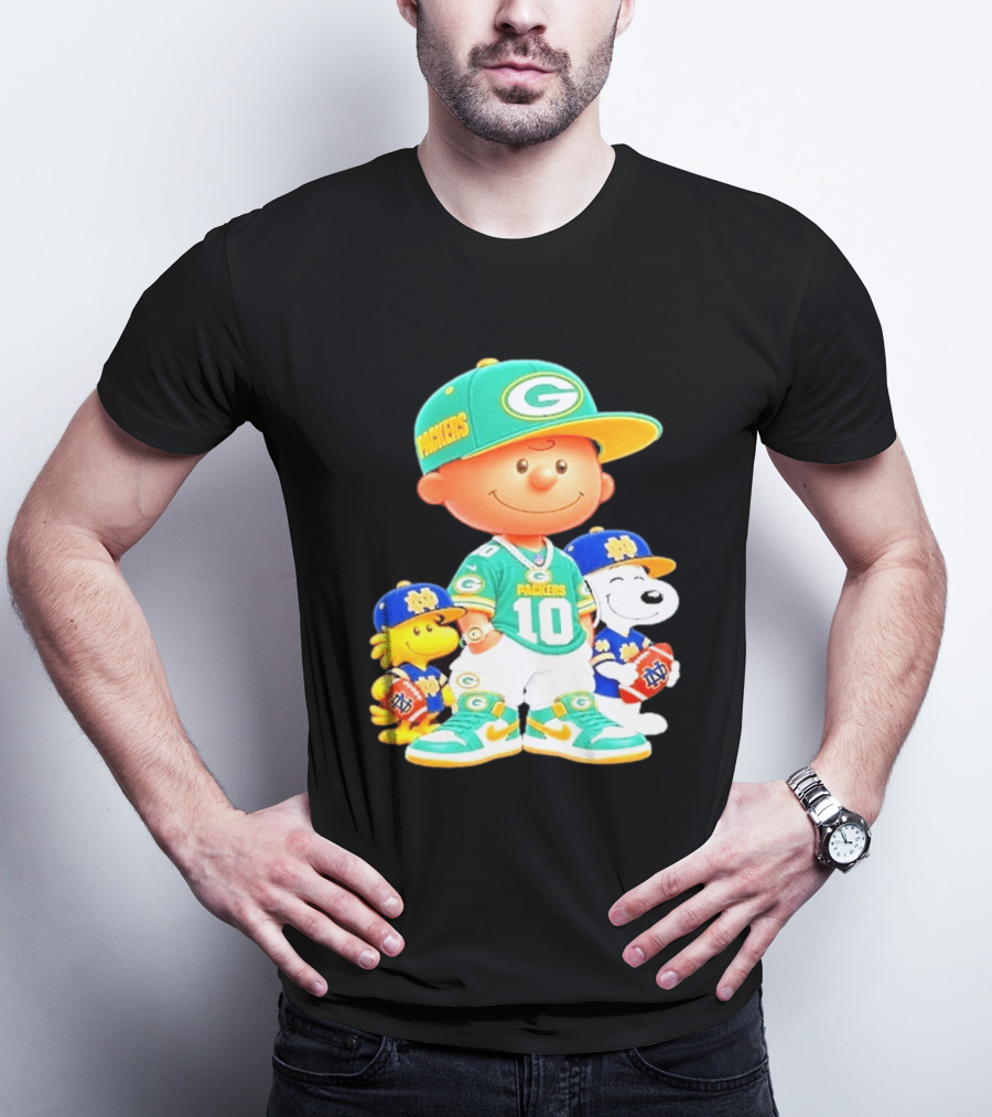 Peanuts Green Bay Packers Notre Dame Fighting Irish Football Characters Charlie Brown Snoopy Woodstock T-Shirt