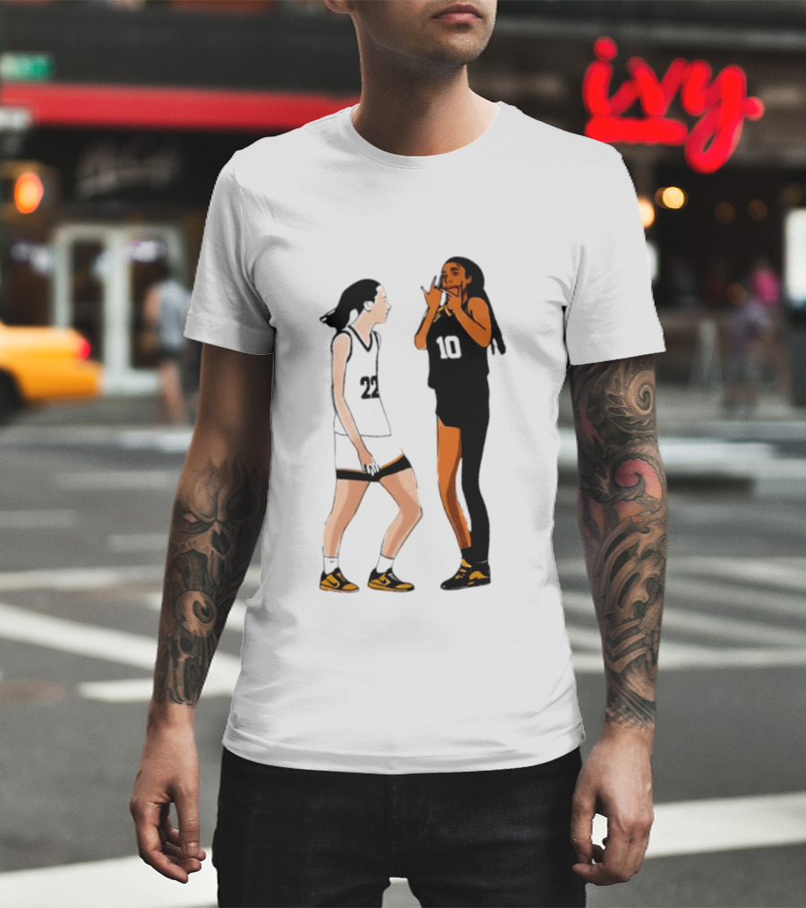 Caitlin Clark Angel Reese Iowa Hawkeyes LSU Tigers Basketball Rivalry Caricatures T-Shirt