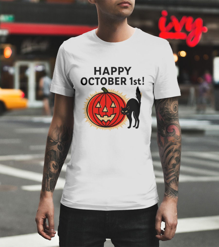 Happy October 1st Pumpkin Black Cat Halloween Celebration T-Shirt