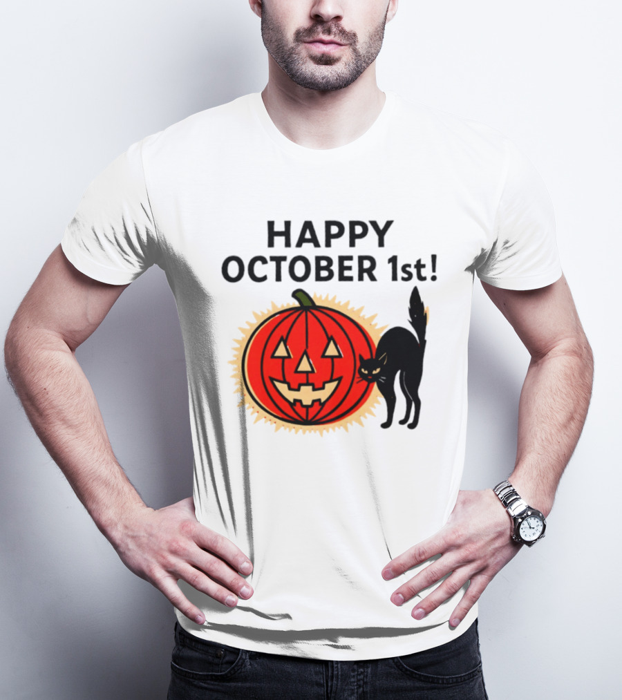 Happy October 1st Pumpkin Black Cat Halloween Celebration T-Shirt