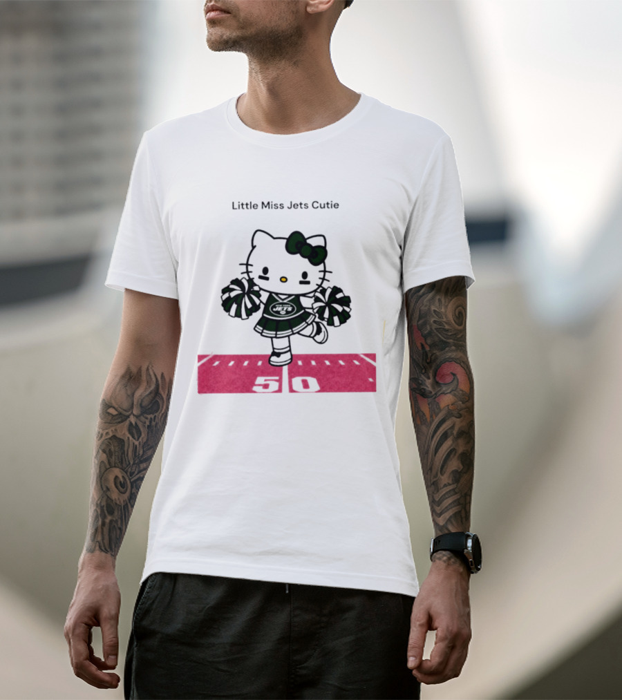 New York Jets Hello Kitty Little Miss Cutie Football Cheerleader On 50 Yard Line T-Shirt