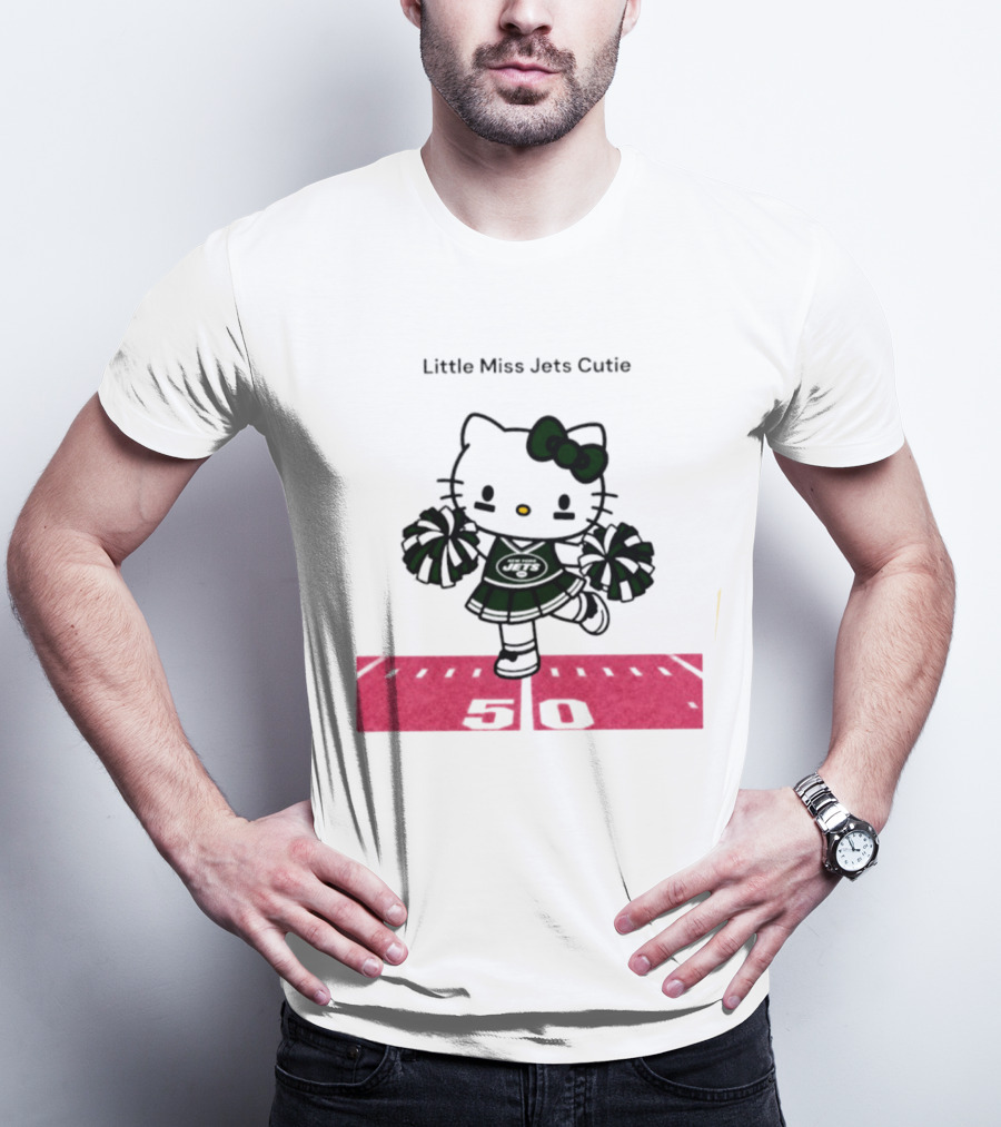 New York Jets Hello Kitty Little Miss Cutie Football Cheerleader On 50 Yard Line T-Shirt