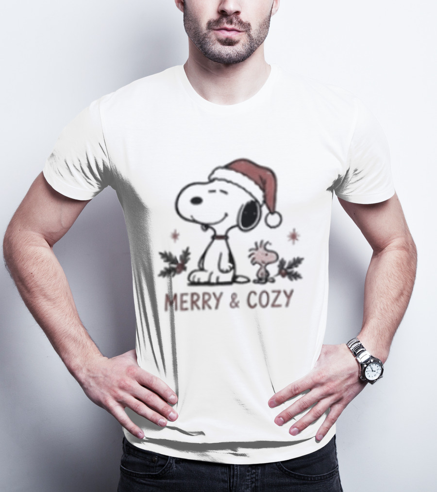 Merry & Cozy Snoopy Christmas Club Holiday Santa Hat And Holly T-Shirt