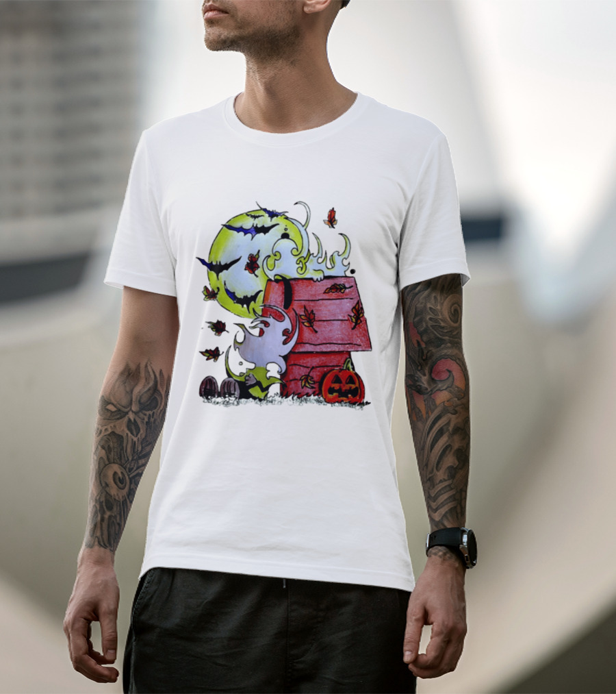 Snoopy Halloween Peanuts Moon Pumpkin Bats And Leaves T-Shirt
