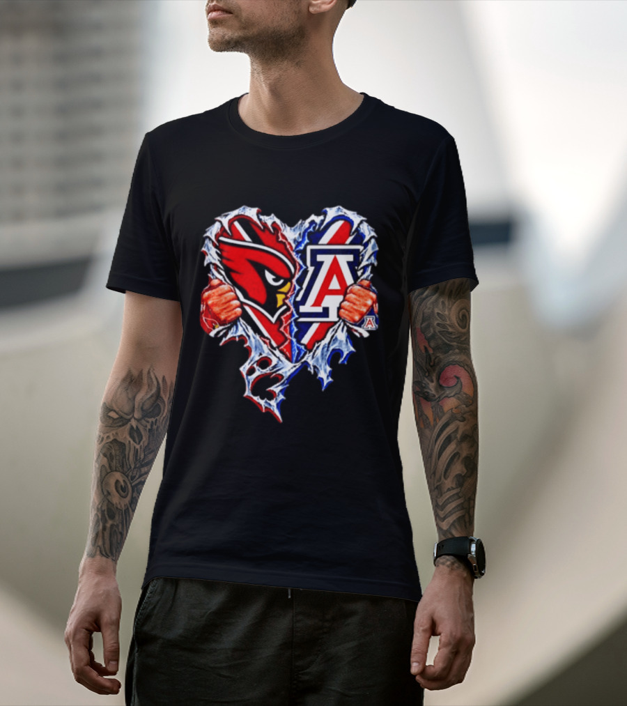 Arizona Cardinals And Wildcats Ripped Heart Dual Team Spirit T-Shirt