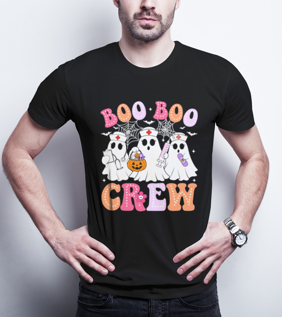 Boo Boo Crew Ghost Nurse Halloween Spooky Pumpkins And Webs T-Shirt
