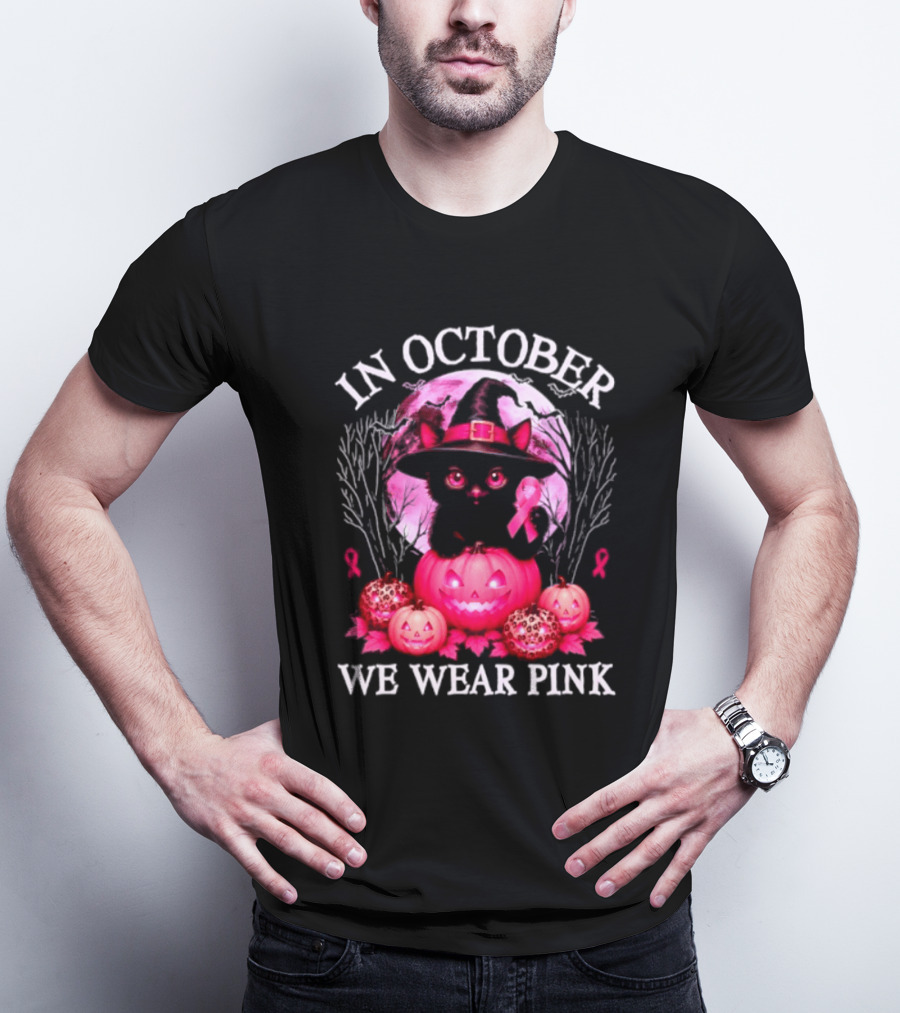 In October We Wear Pink Cat Witch Breast Cancer Awareness Halloween T-Shirt