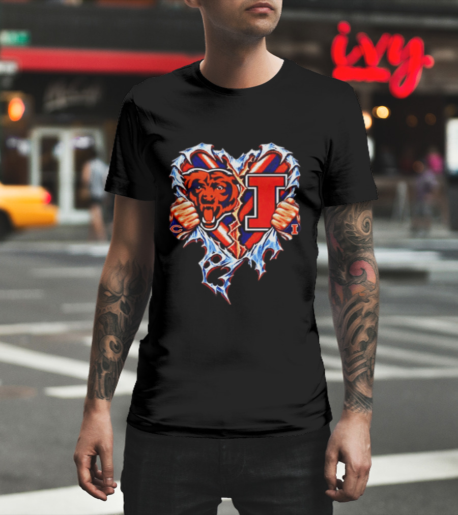 Chicago Bears Illinois Fighting Illini Heart Ripped Chest Mashup T-Shirt