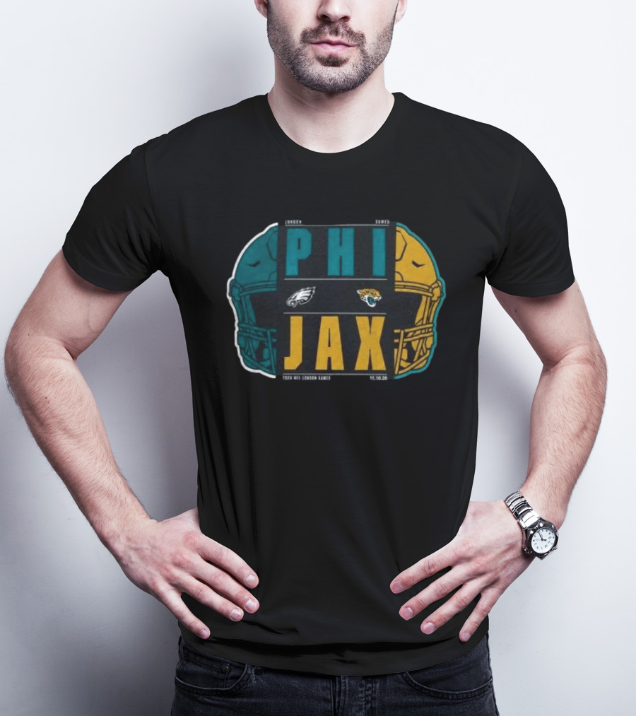 Jacksonville Jaguars Vs Philadelphia Eagles 2026 London Game International City Matchup Football Helmets Logos T-Shirt