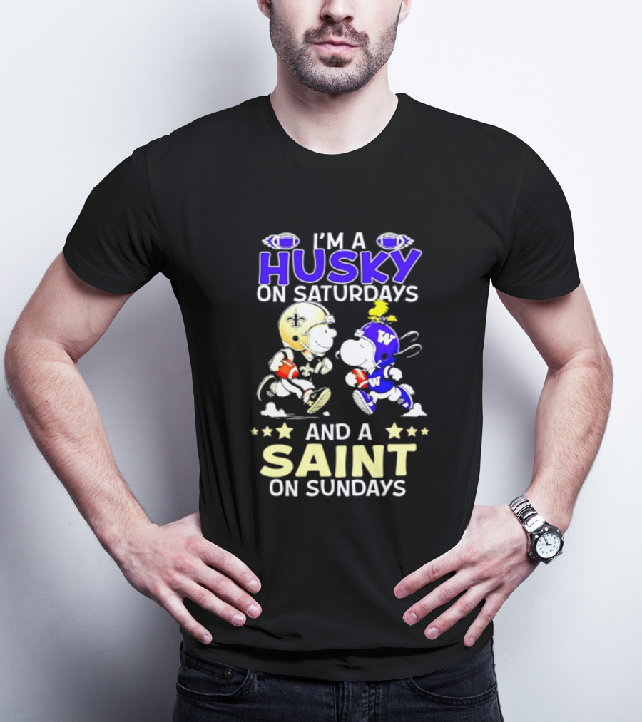 Peanuts I'm A Husky On Saturdays And A Saint On Sundays Football Charlie Brown Snoopy T-Shirt