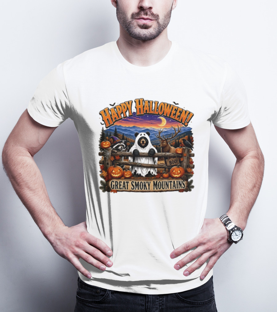 Happy Halloween Boo Great Smoky Mountains Bear Raccoon Deer T-Shirt