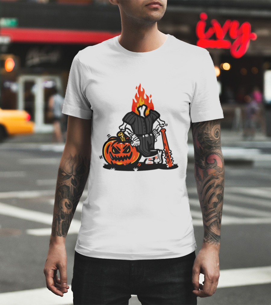 Flaming Pumpkin Head Baseball Player 2026 Halloween T-Shirt
