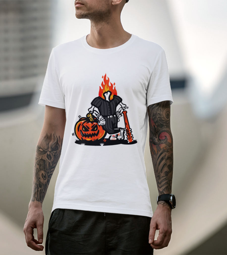 Flaming Pumpkin Head Baseball Player 2026 Halloween T-Shirt