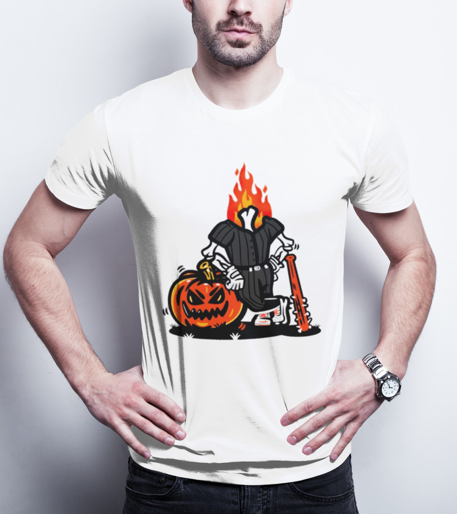 Flaming Pumpkin Head Baseball Player 2026 Halloween T-Shirt