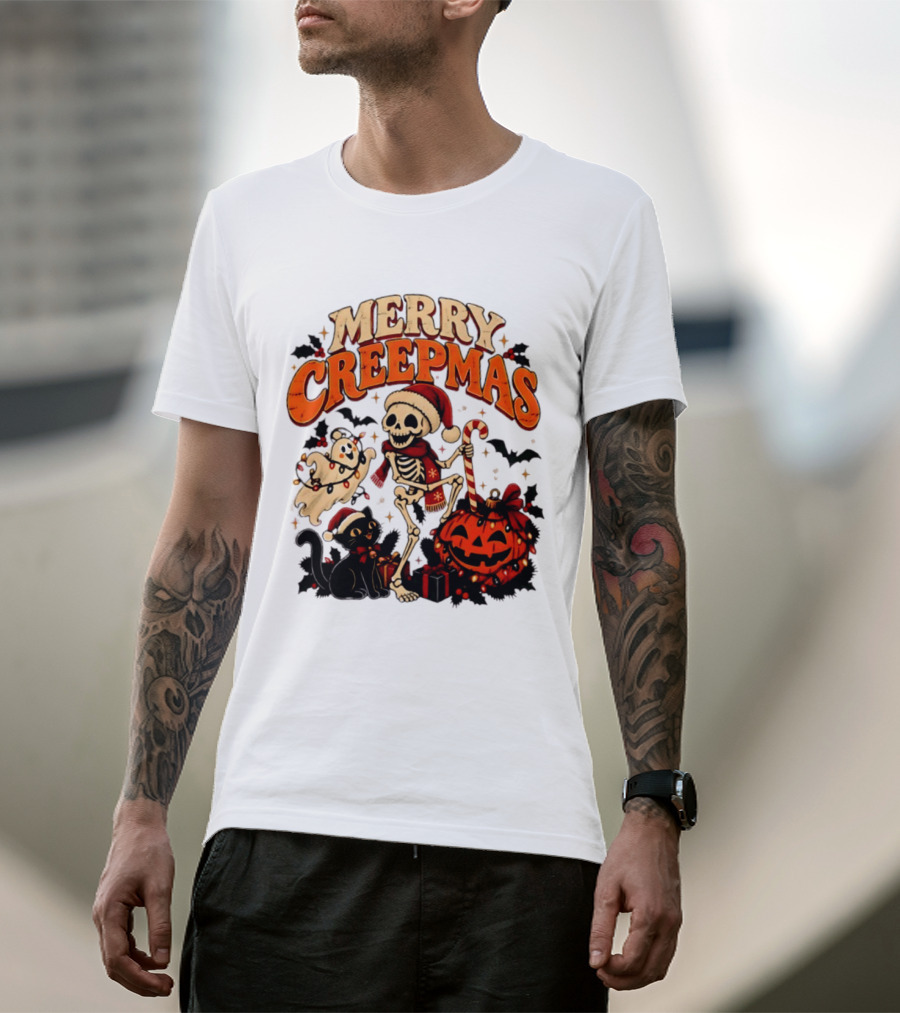 Merry Creepmas Skeleton Ghost Black Cat Pumpkin Holiday Scene T-Shirt