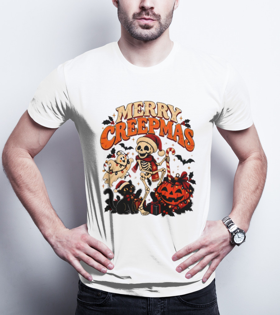 Merry Creepmas Skeleton Ghost Black Cat Pumpkin Holiday Scene T-Shirt
