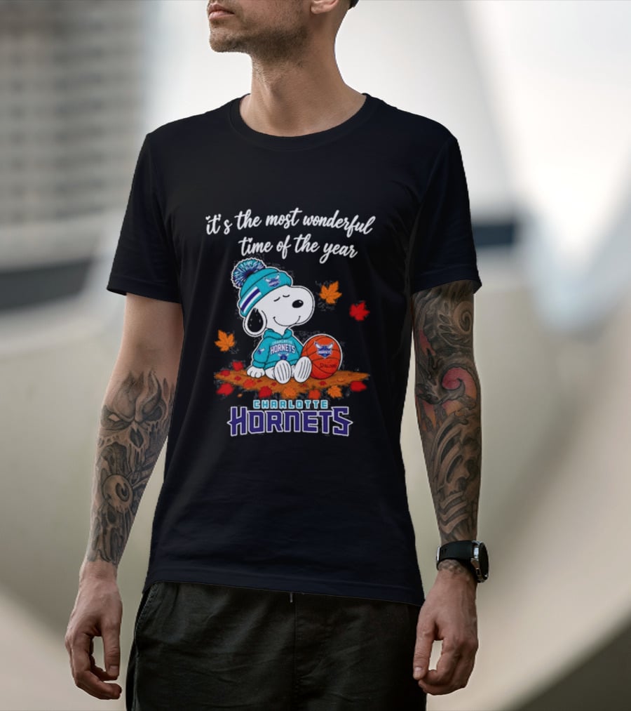 Charlotte Hornets Snoopy Autumn Football Most Wonderful Time Of The Year T-Shirt