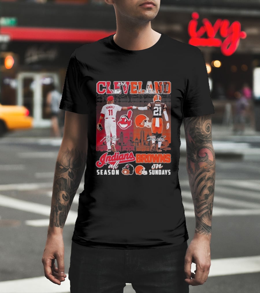 Cleveland José Ramírez Fist Bump Denzel Ward Indians All Season Browns On Sundays City Skyline T-Shirt