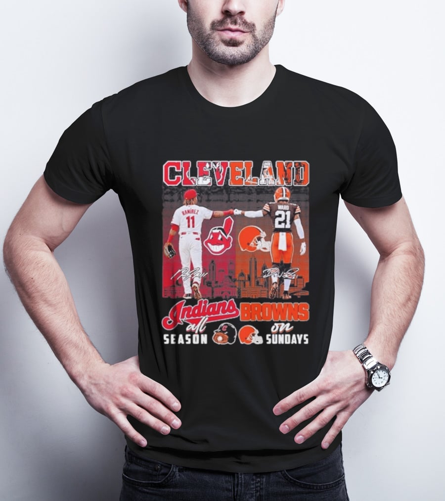 Cleveland José Ramírez Fist Bump Denzel Ward Indians All Season Browns On Sundays City Skyline T-Shirt