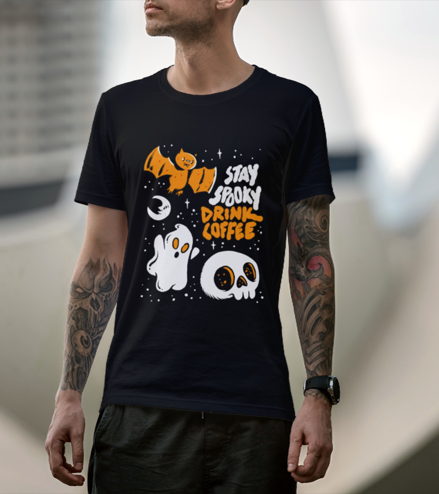 Stay Spooky Drink Coffee Halloween Ghost With Bat Skull And Moon T-Shirt