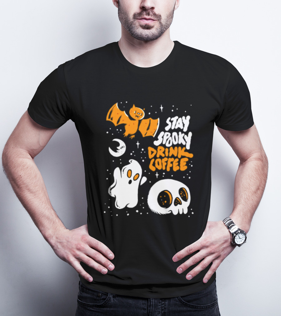 Stay Spooky Drink Coffee Halloween Ghost With Bat Skull And Moon T-Shirt