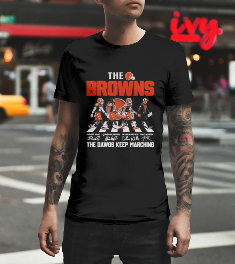 The Browns 2026 Team Football Abbey Road The Dawgs Keep Marching Denzel Ward Myles Garrett Deshaun Watson Todd Monken T-Shirt