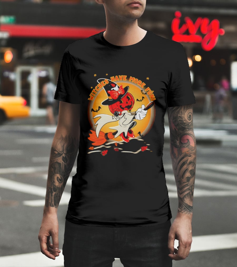 Witches Have More Fun Pumpkin Witch Riding Broomstick Halloween Magic T-Shirt