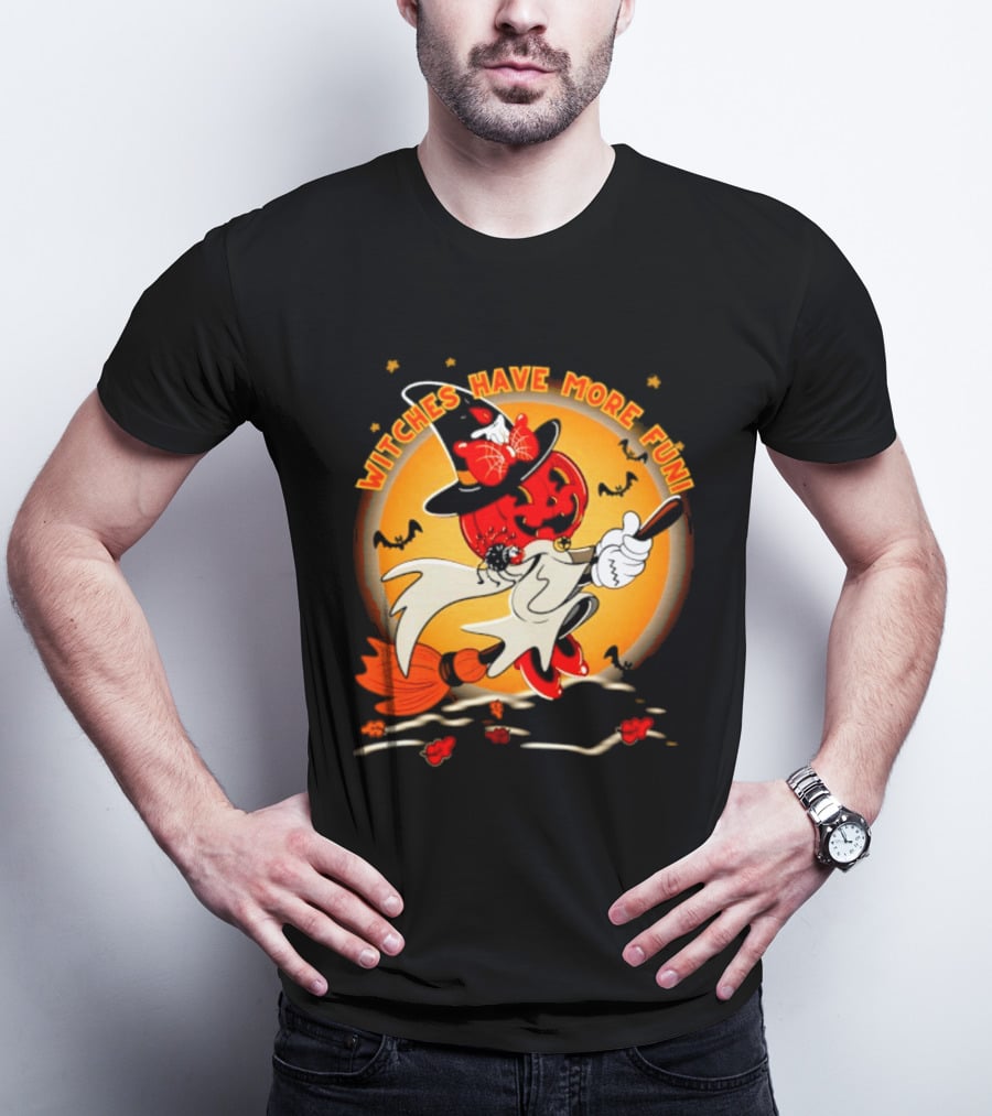 Witches Have More Fun Pumpkin Witch Riding Broomstick Halloween Magic T-Shirt