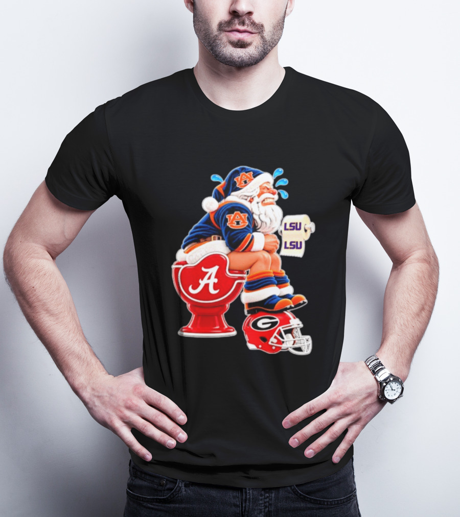 Auburn Santa On Alabama Crimson Tide Toilet With LSU Paper Georgia Bulldogs Helmet Football Humor T-Shirt