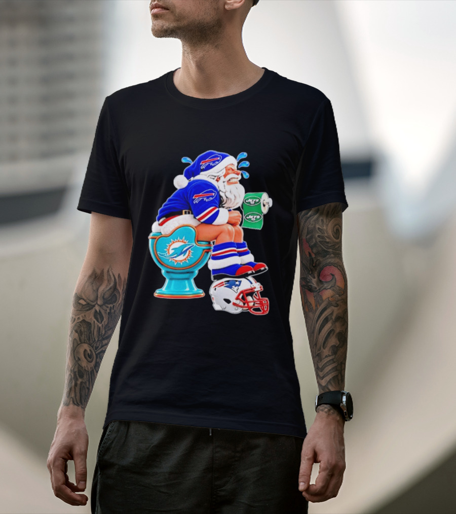 Buffalo Bills Santa On Miami Dolphins Toilet With NY Jets Paper And Patriots Helmet T-Shirt