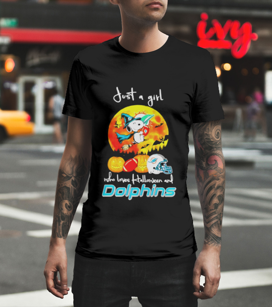 Just A Girl Who Loves Halloween And Miami Dolphins Snoopy Woodstock Pumpkin Football T-Shirt