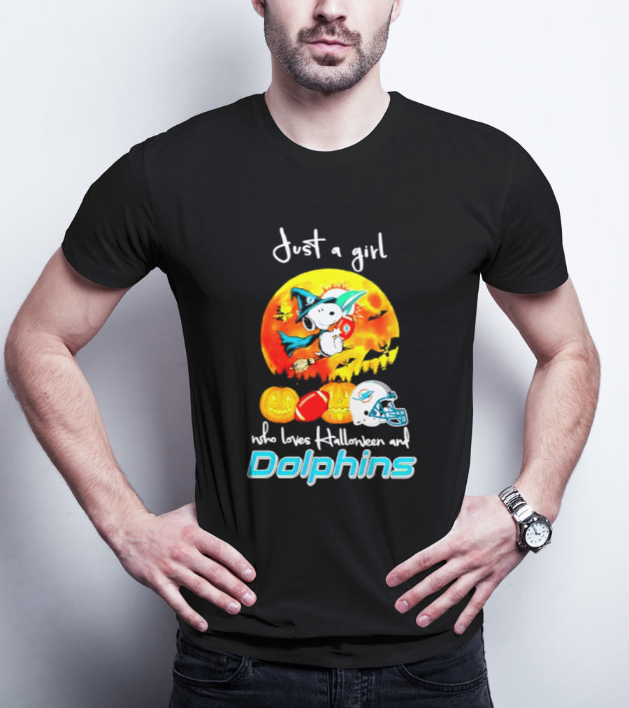 Just A Girl Who Loves Halloween And Miami Dolphins Snoopy Woodstock Pumpkin Football T-Shirt