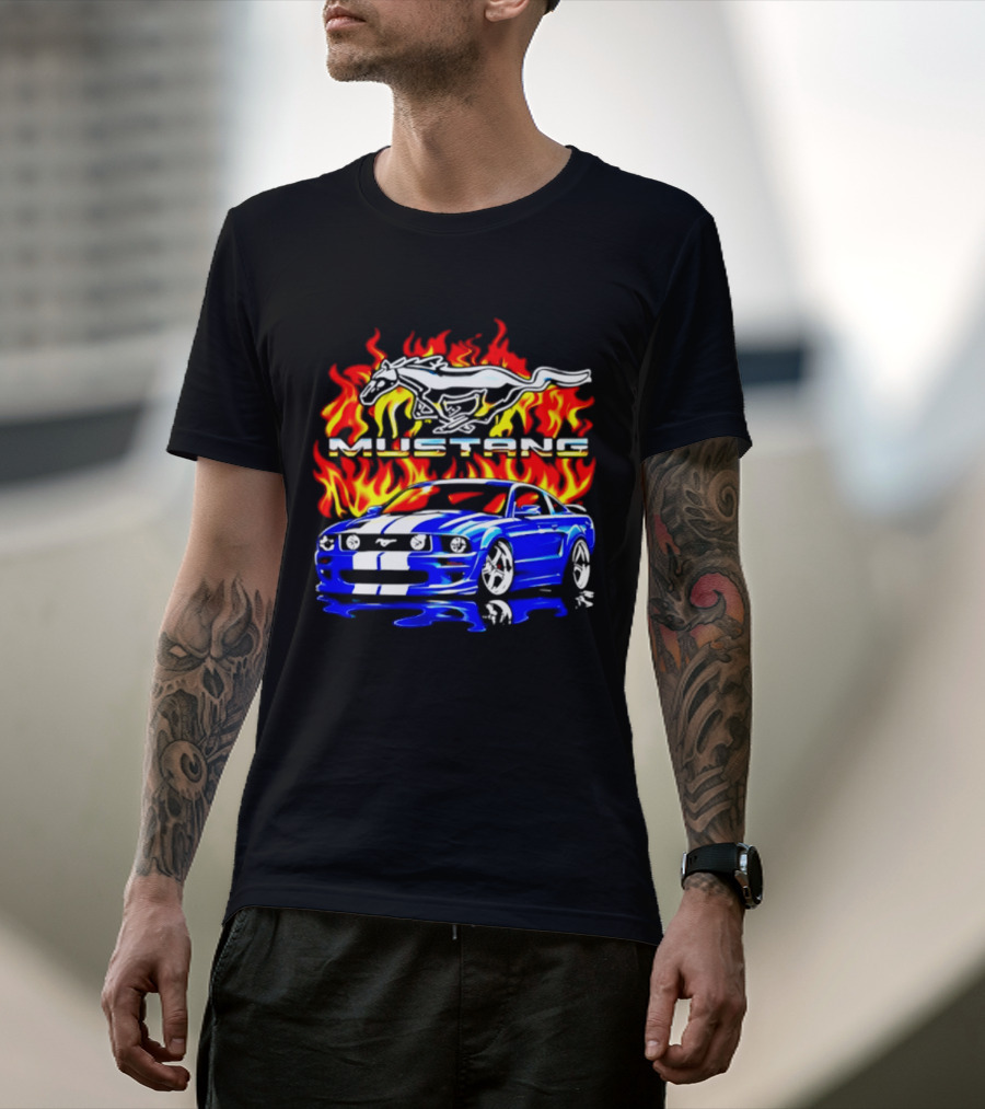 Mustang Blue Car With Flaming Horse And Fire T-Shirt