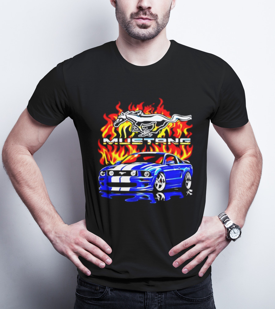 Mustang Blue Car With Flaming Horse And Fire T-Shirt