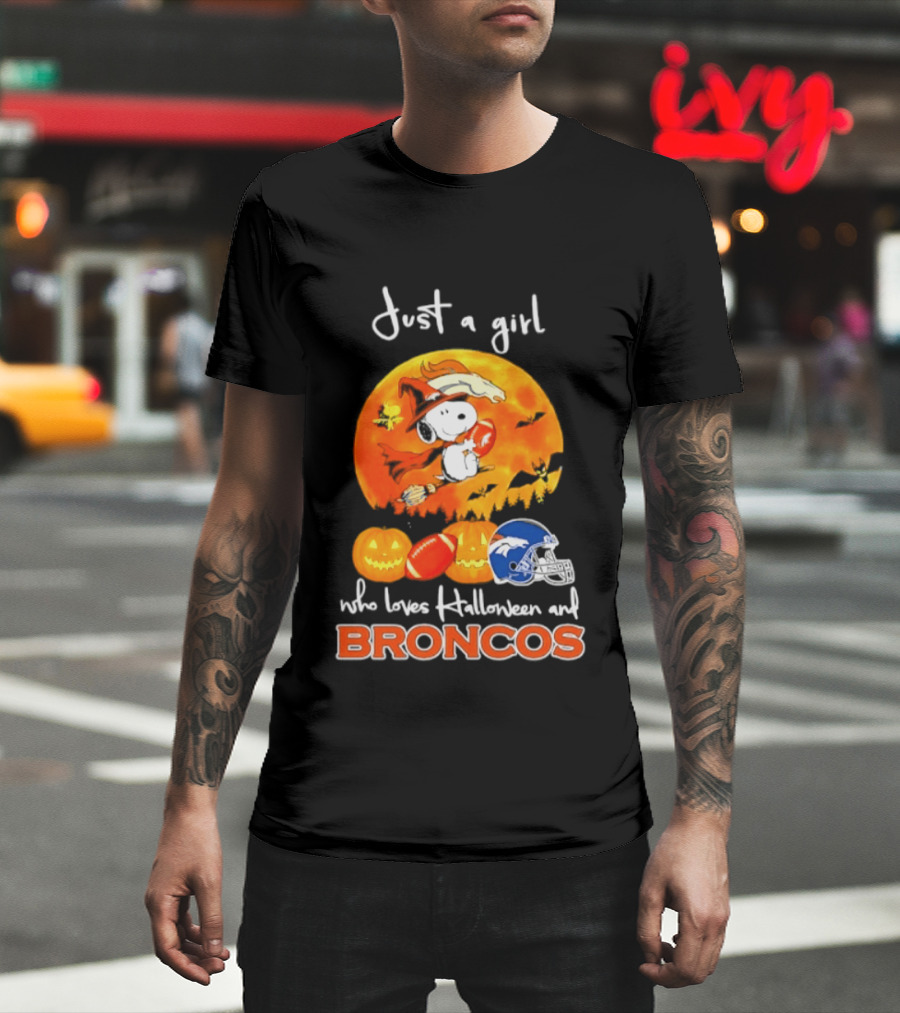 Just A Girl Who Loves Halloween And Broncos Football With Snoopy And Woodstock In Pumpkin T-Shirt