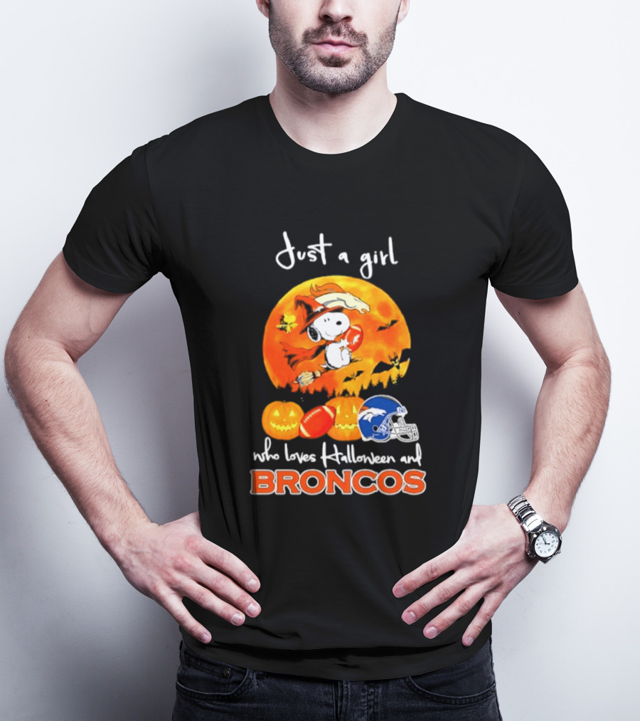 Just A Girl Who Loves Halloween And Broncos Football With Snoopy And Woodstock In Pumpkin T-Shirt