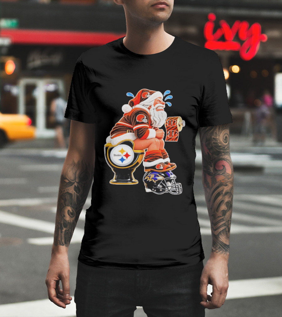 Santa Claus Cleveland Browns Toilet Sitting Steelers Ravens Bengals Meme T-Shirt